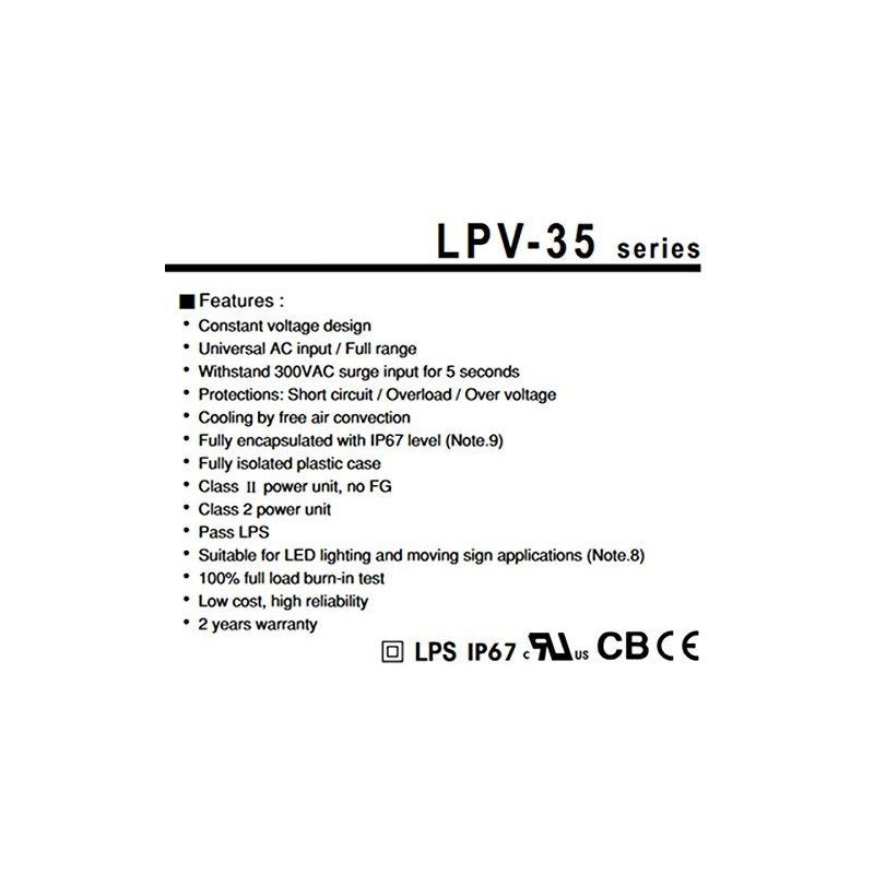 mean well alimentatore led lpv 35 24 35w 24v ip67 ac dc esterno 1569 ...